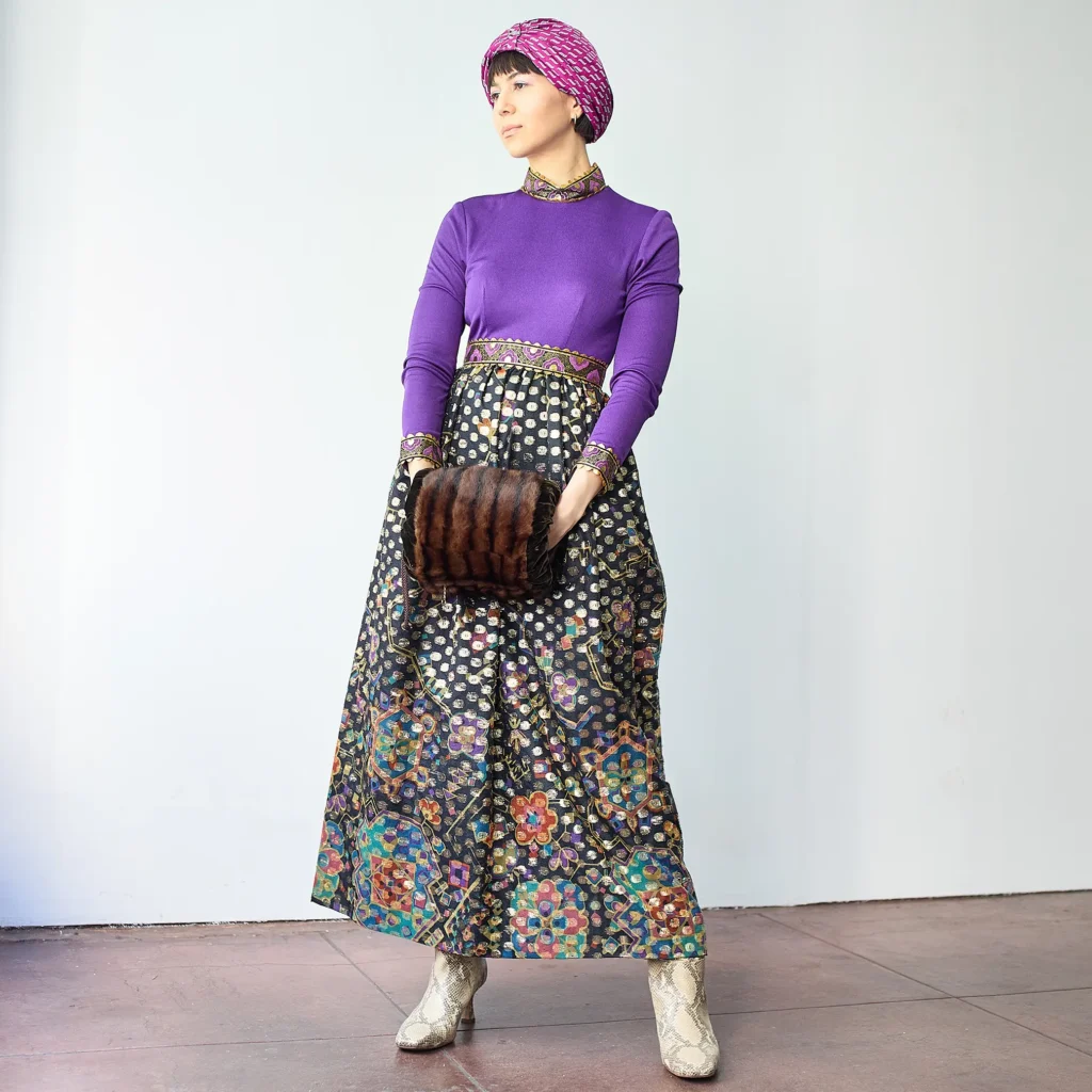 1960s Purple & Gold Foil Polka Dot Silk Brocade Dress/Gown - QUIRK