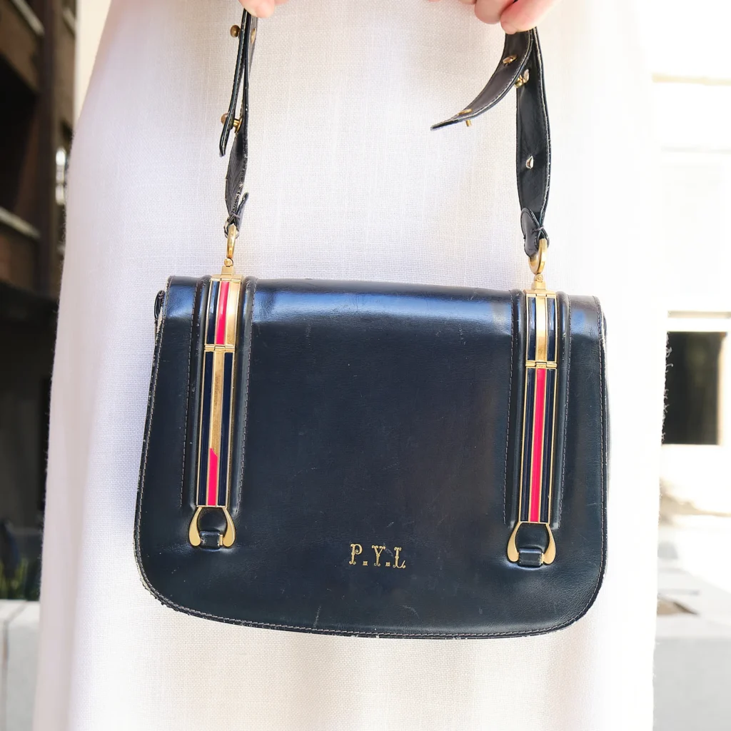 1950s navy blue “PYL” monogram convertible strap leather bag - QUIRK